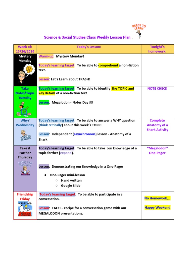10-26-2020 Science Social Studies Class Weekly Lesson Plan | PDF