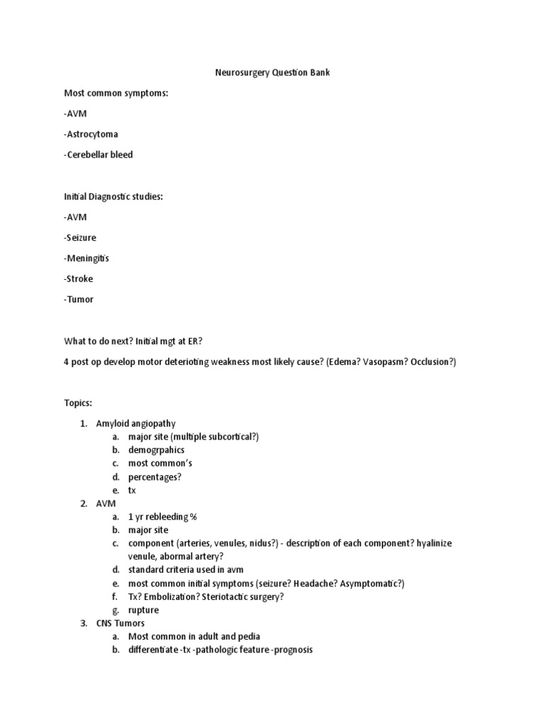Neurosurgery Question Bank Overview | PDF | Central Nervous System ...