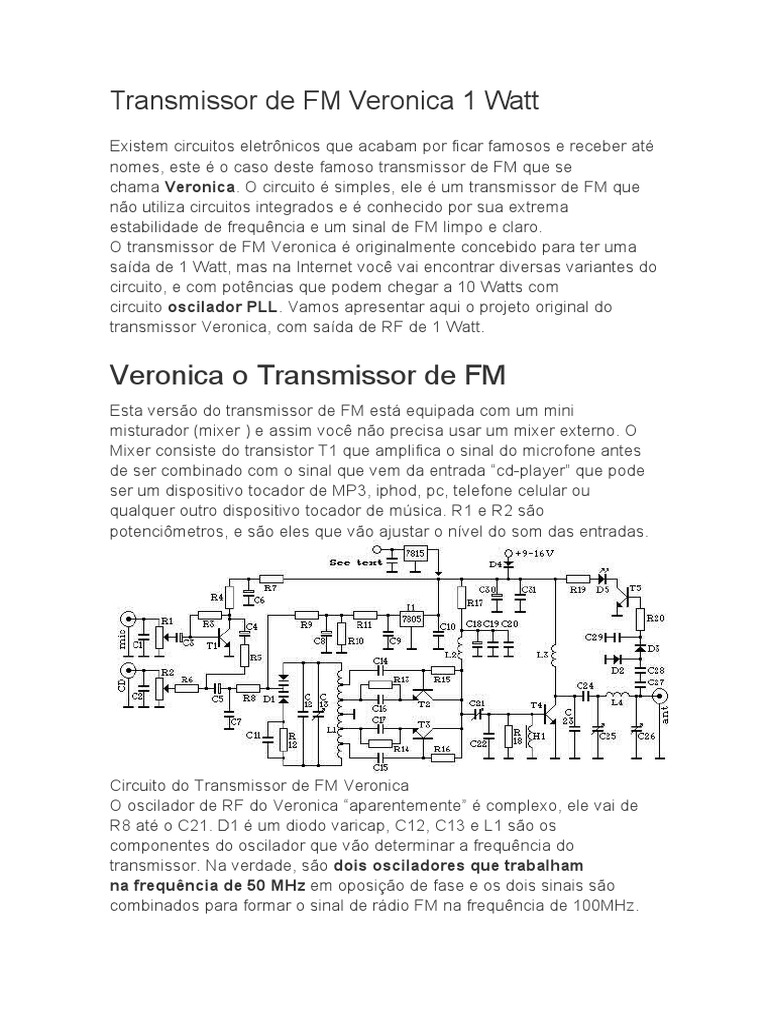 Transmissor de FM Veronica 1 Watt | PDF | Circuitos eletrônicos | Antena (rádio)