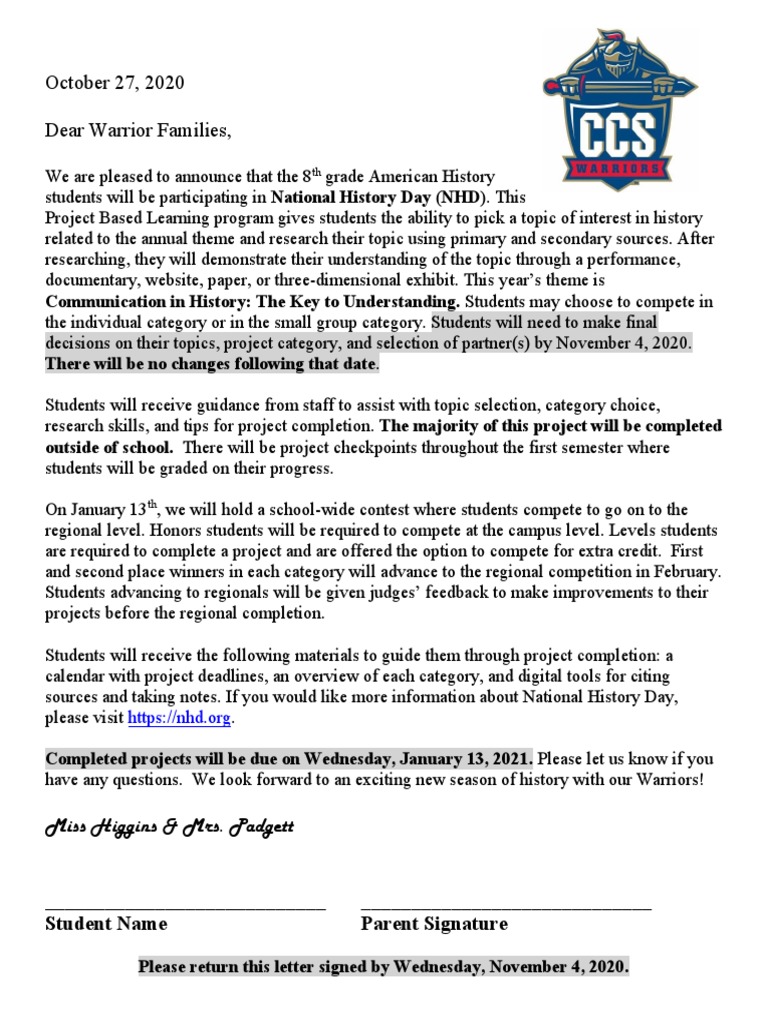 NHD Parent Letter | PDF