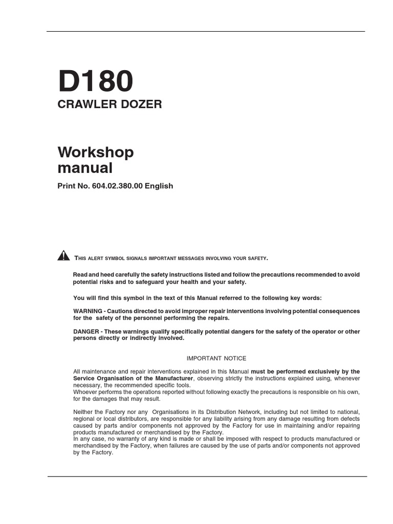 D180 Crawler Dozer Workshop Manual | PDF | Personal Protective ...