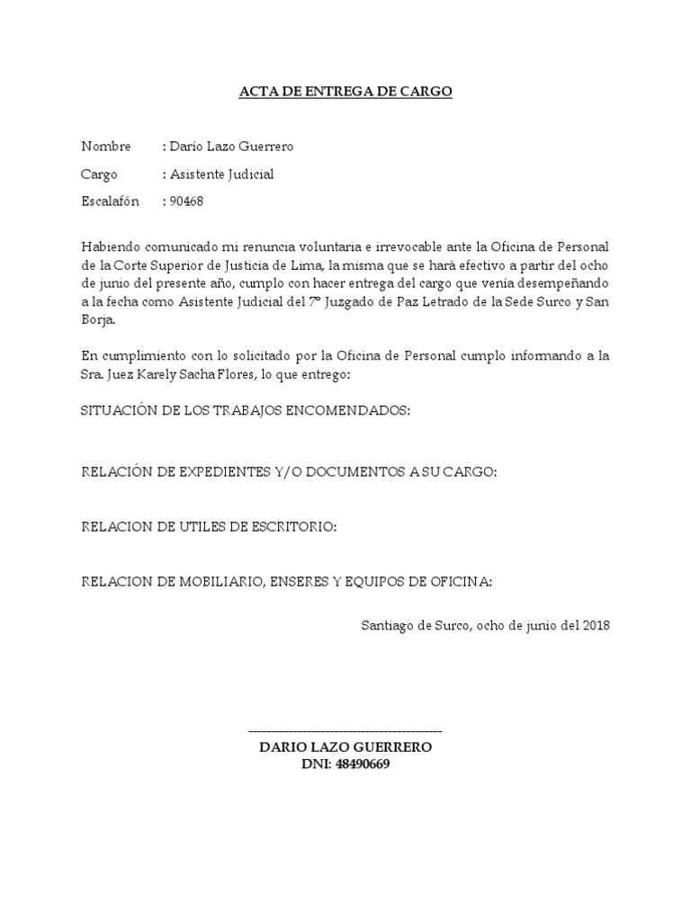 Acta de Entrega de Cargo | PDF