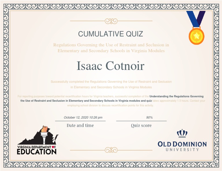 Restraint and Seclusion Certificate | PDF