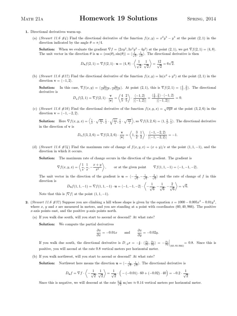 Homework 19 Solutions: Math 21a Spring, 2014 | PDF | Tangent | Gradient