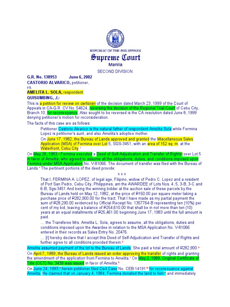 Alvarico Vs Sola - Full Text | PDF | Deed | Complaint