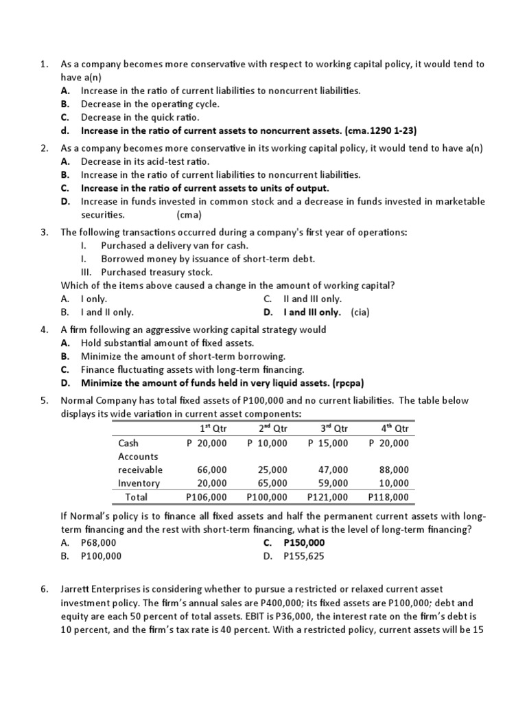 Practice Quiz - Review of Working Capital | PDF | Working Capital ...
