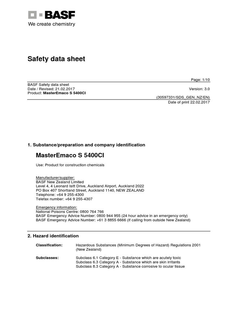 Basf Masteremaco S5400ci Sds NZ PDF | PDF | Toxicity | Silicon Dioxide