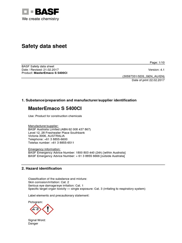 Safety Data Sheet: Masteremaco S 5400ci | PDF | Toxicity | Silicon Dioxide