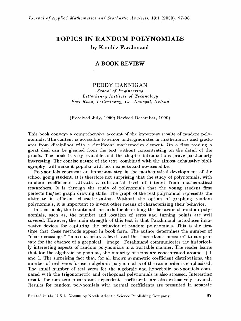 Topics in Random Polynomials by Kambiz Farahmand PDF | PDF | Complex ...