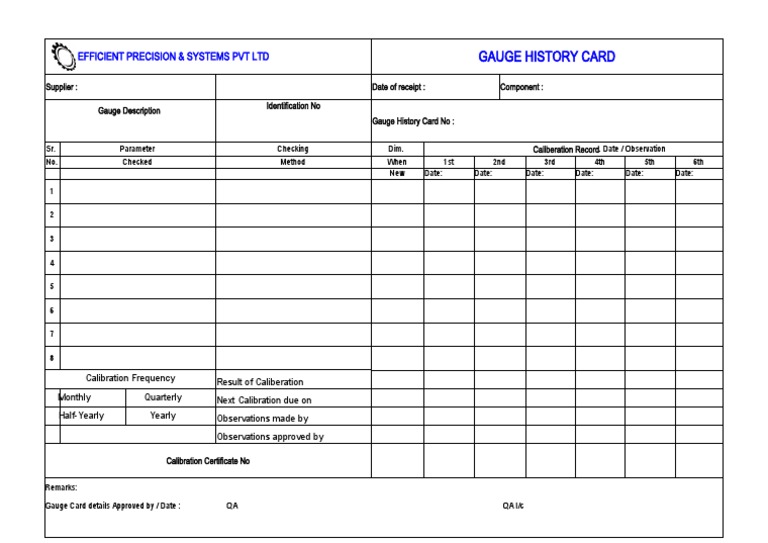 Gauge History Card: Efficient Precision & Systems PVT LTD | PDF
