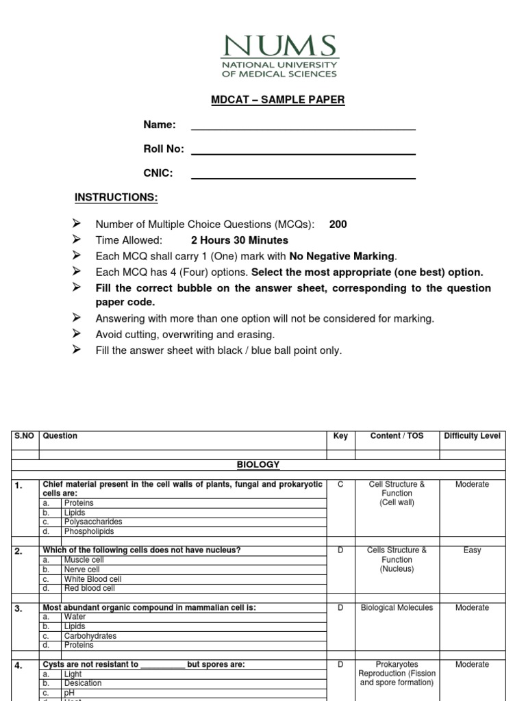 PMC Mdcat Sample Paper | PDF | Chemical Bond | Cell (Biology)
