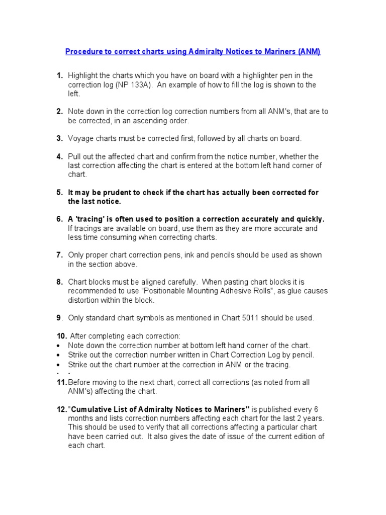 Procedure To Correct Charts Using Admiralty Notices To Mariners | PDF ...