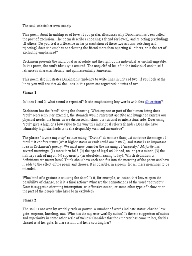 The Soul Selects Her Own Society | PDF | Poetry | Emily Dickinson