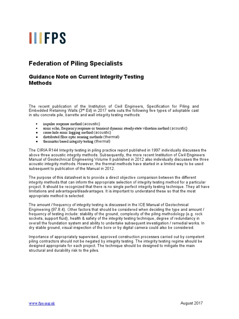 Federation of Piling Specialists: Guidance Note On Current Integrity ...
