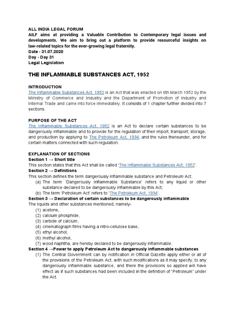 An Overview and Explanation of the Inflammable Substances Act, 1952 ...