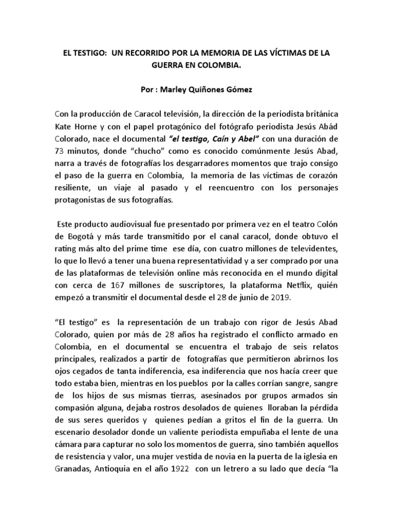 El Testigo Crítica De Documental De Jesús Abad Colorado Pdf Colombia