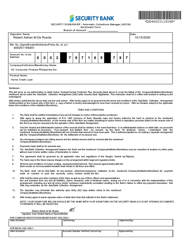 Auto Debit Arrangement - 20201019 - 095034 PDF | PDF | Debits And ...