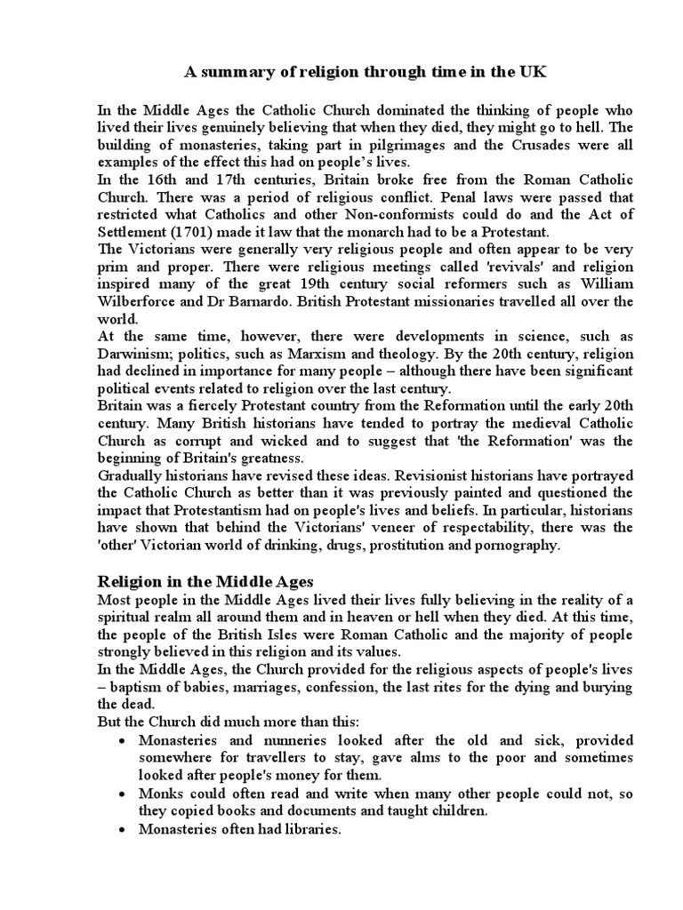 A Summary of Religion Through Time in The UK | PDF | Protestantism | Monk