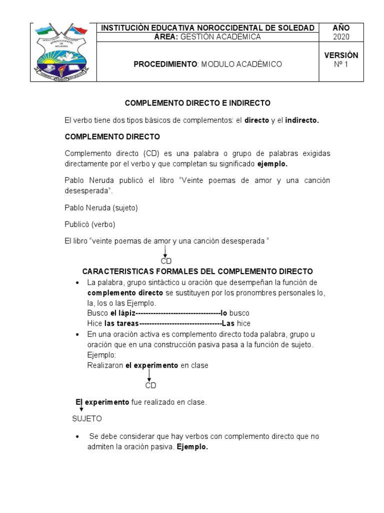 Complemento Directo e Indirecto: Ejemplos y Actividades | PDF | Objeto ...