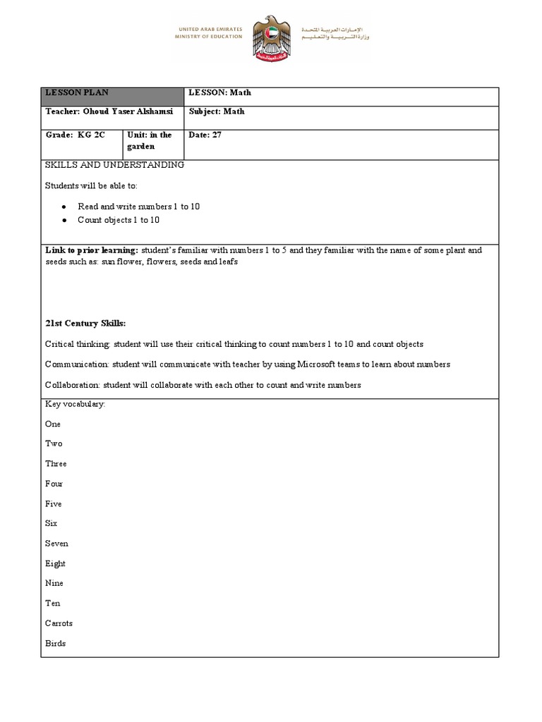 Lesson Plan LESSON: Math Teacher: Ohoud Yaser Alshamsi Subject: Math ...