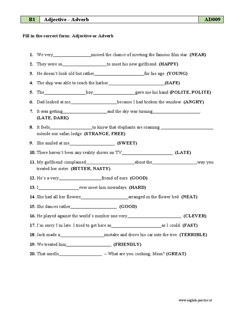 Adjective and Adverb Practice B1 | PDF