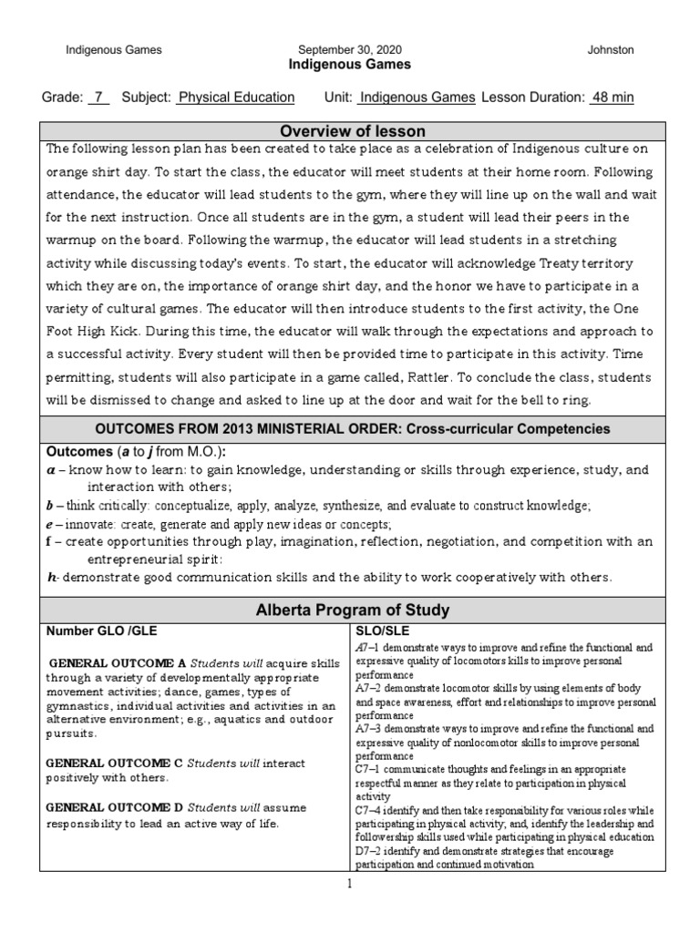 Overview of Lesson: Grade: 7 Subject: Physical Education Unit ...