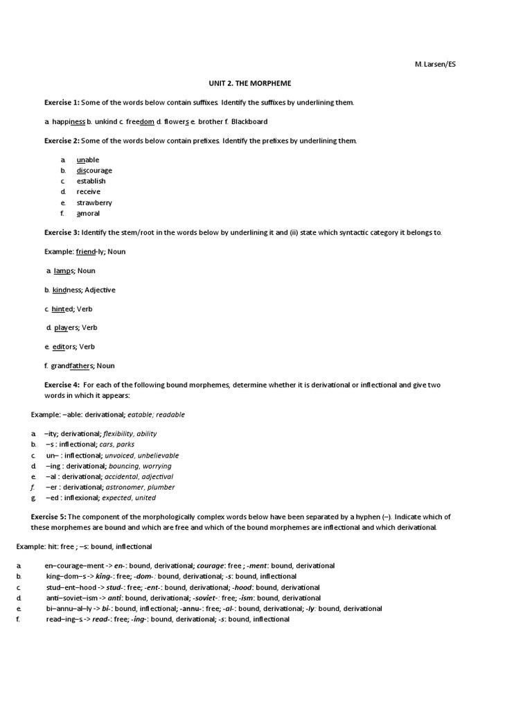 Unit 2-Exercises Morphemes | PDF | Morphology (Linguistics) | Word