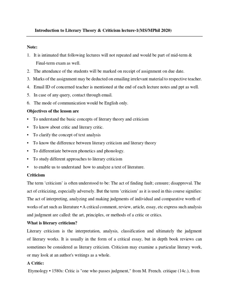 Literary Theory Lecture 1 Week 1 | PDF | Literary Criticism | Criticism