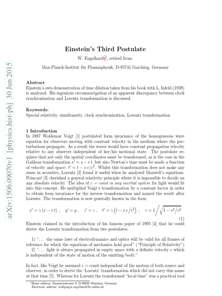 Einstein's Third Postulate Analysis | PDF | Special Relativity | Time