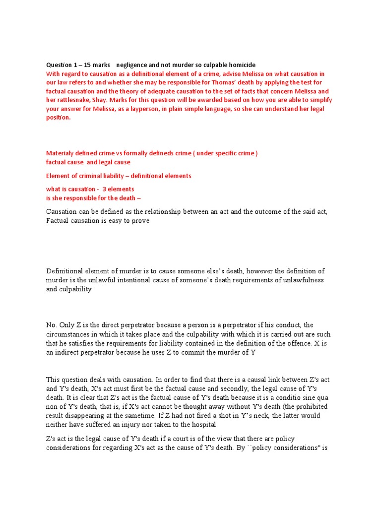 Question 1 - 15 Marks Negligence and Not Murder So Culpable Homicide ...