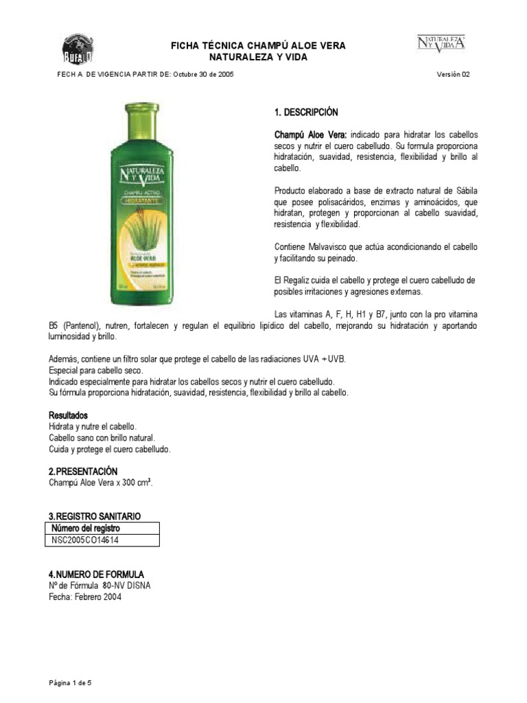 Ficha Tecnica Champu Aloe Vera V2 | PDF | Champú | Tensioactivo