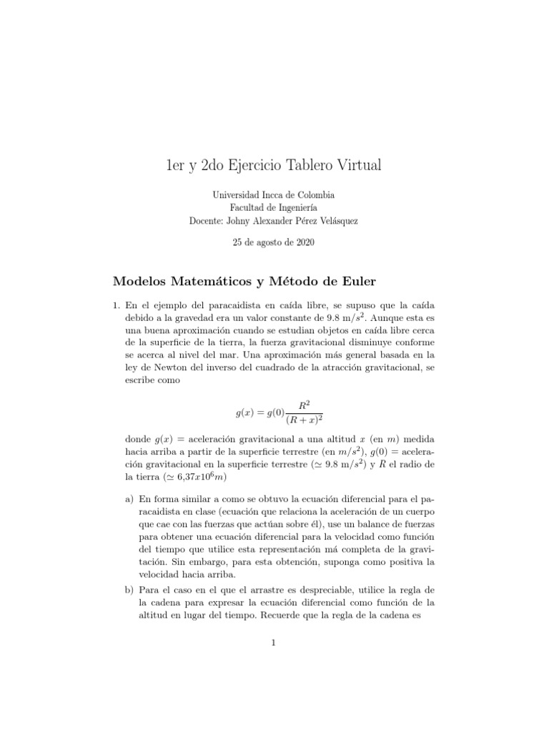 1er y 2do Ejercicios Metodos Numericos | PDF | Gravedad | Ecuaciones diferenciales