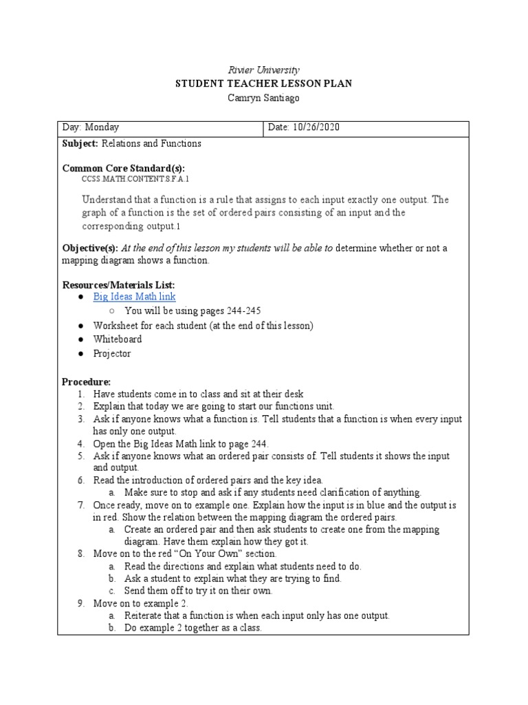 Lesson Plan: Understanding Functions | PDF | Function (Mathematics ...