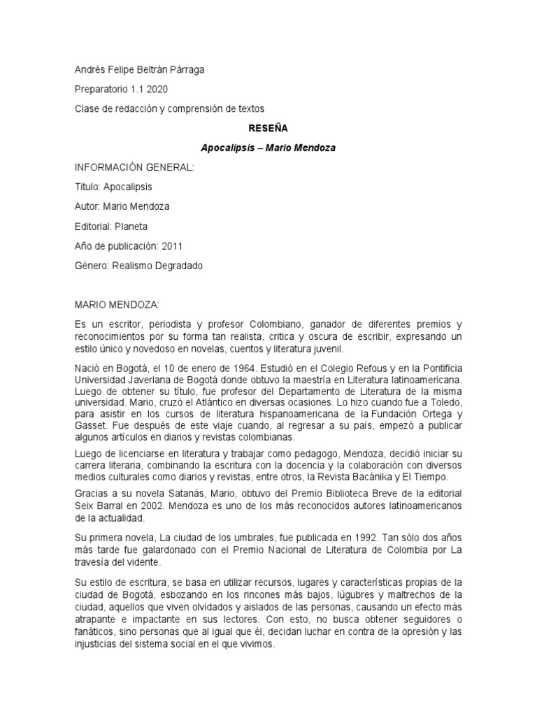 Reseña Del Libro Apocalipsis De Mario Mendoza Por Andrés Felipe