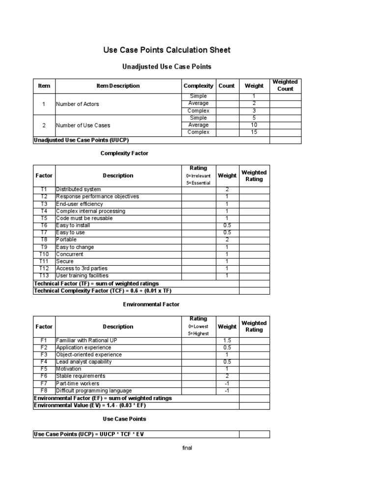 Use Case Points Calculation Sheet | PDF | Computing | Software Engineering