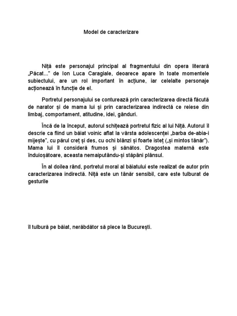 Caracterizarea Personajului Model Bacalaureat 2024 Caracterizare