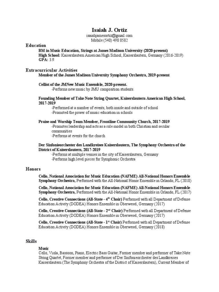 Music Resume v2 | PDF | Cello | Symphony