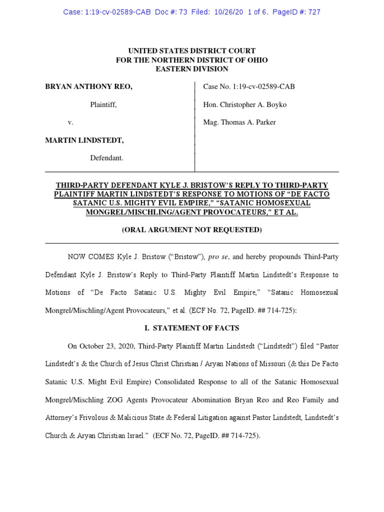 Third-Party Defendant Kyle J. Bristow's Reply to Third-Party Plaintiff ...