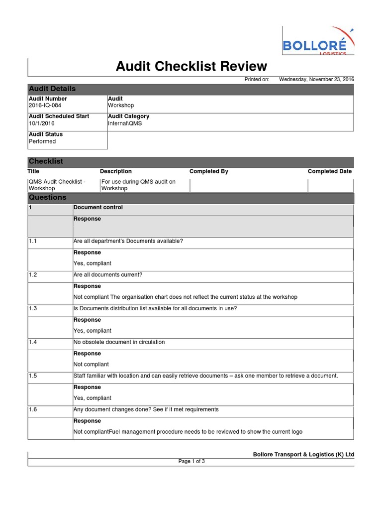 Audit Checklist Review | PDF | Audit | Logistics