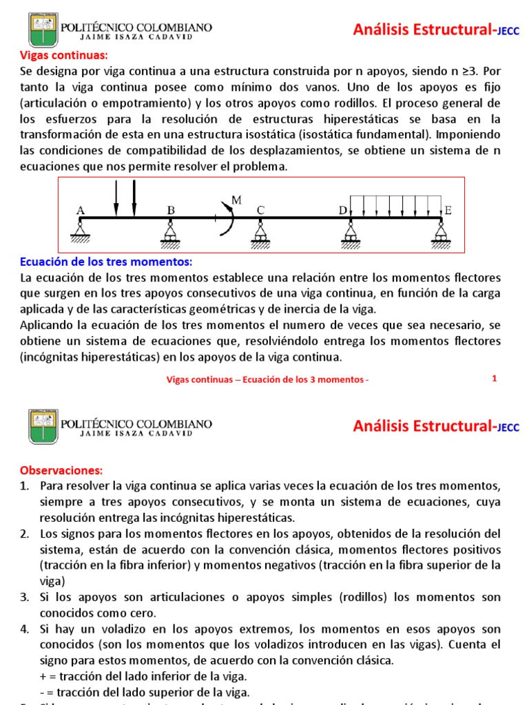 3- Vigas Continuas (Ecuación de tres momentos).pdf | PDF | Ecuaciones | Objetos matemáticos