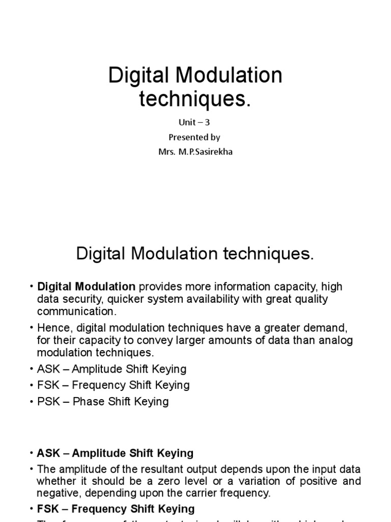 Digital Modulation Techniques.: Unit - 3 Presented by Mrs. M.P ...