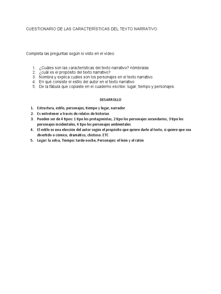 Cuestionario de Las Características Del Texto Narrativo | PDF | Artes ...