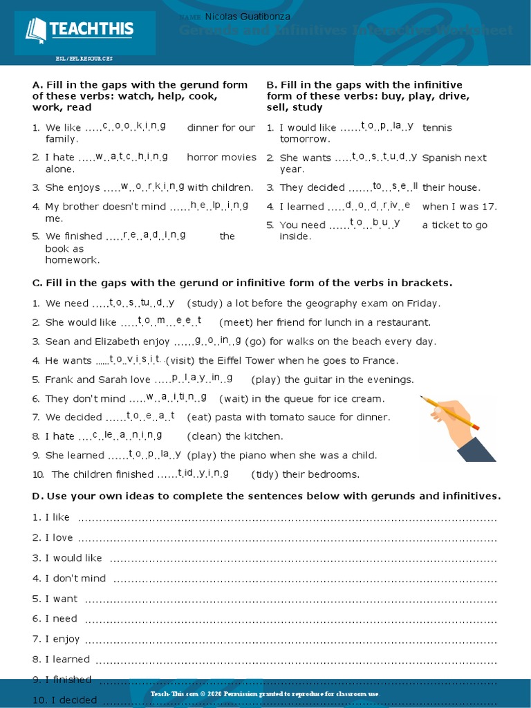 Gerunds and Infinitives Interactive Worksheet: Esl / Efl Resour Ces ...