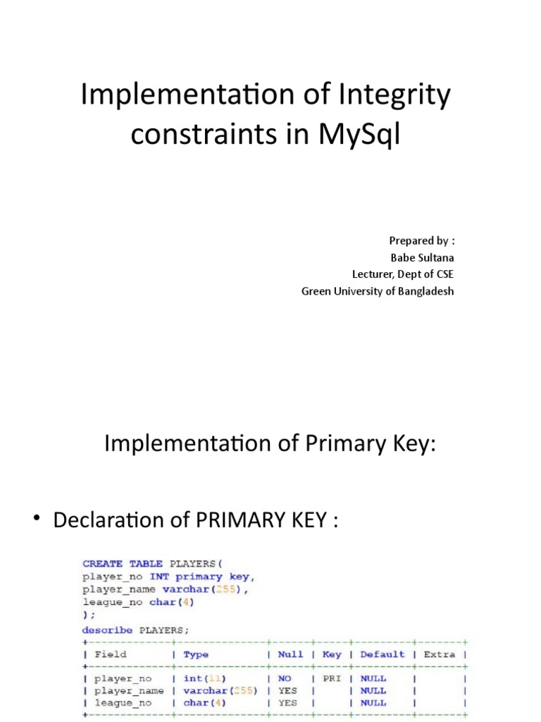 Implementation of Integrity Constraints in Mysql | PDF