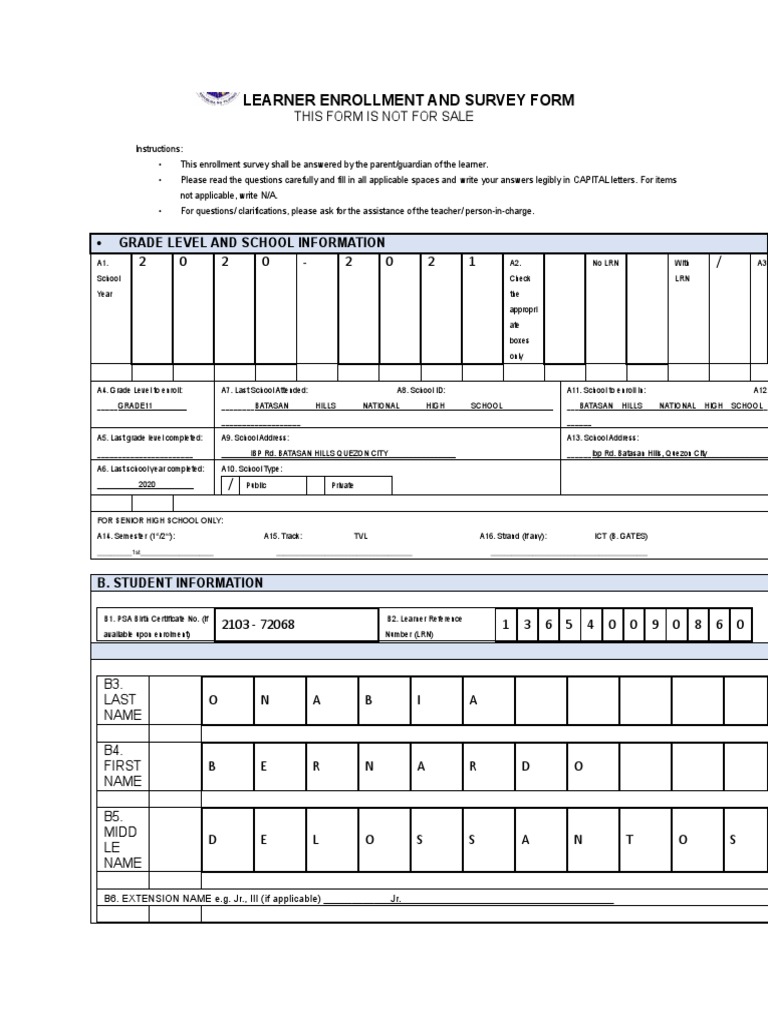 Learner Enrollment and Survey Form: This Form Is Not For Sale | PDF ...