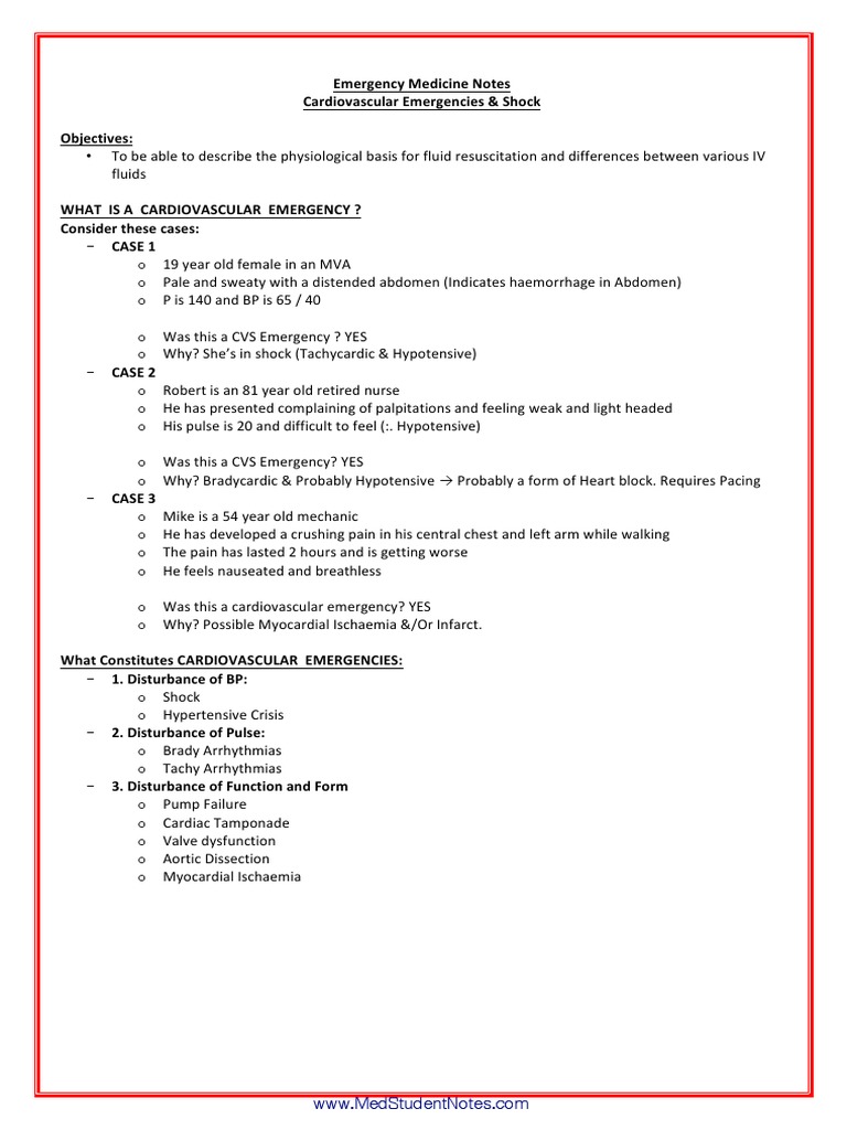 Wk3 Emergency Medicine Notes Cardiovascular Emergencies & Shock ...