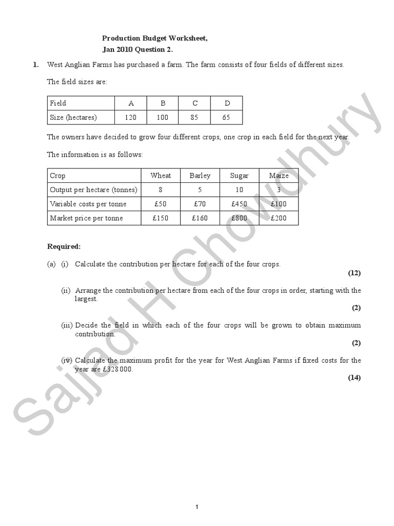 Production Budget Worksheet | PDF | Inventory | Business