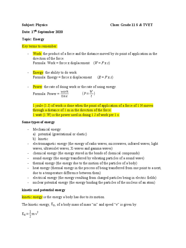 Grade 11 Physics Lesson One | PDF | Potential Energy | Kinetic Energy