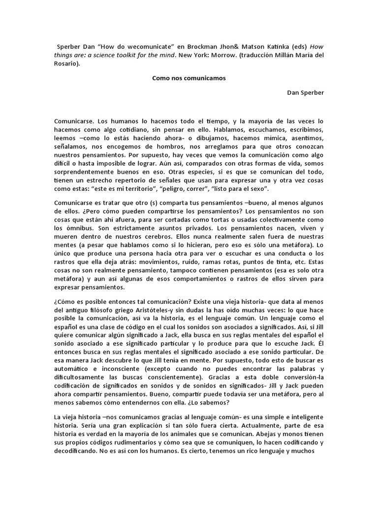 1.1sperber Dan Como Nos Comunicamos | PDF | Inferencia | Mente