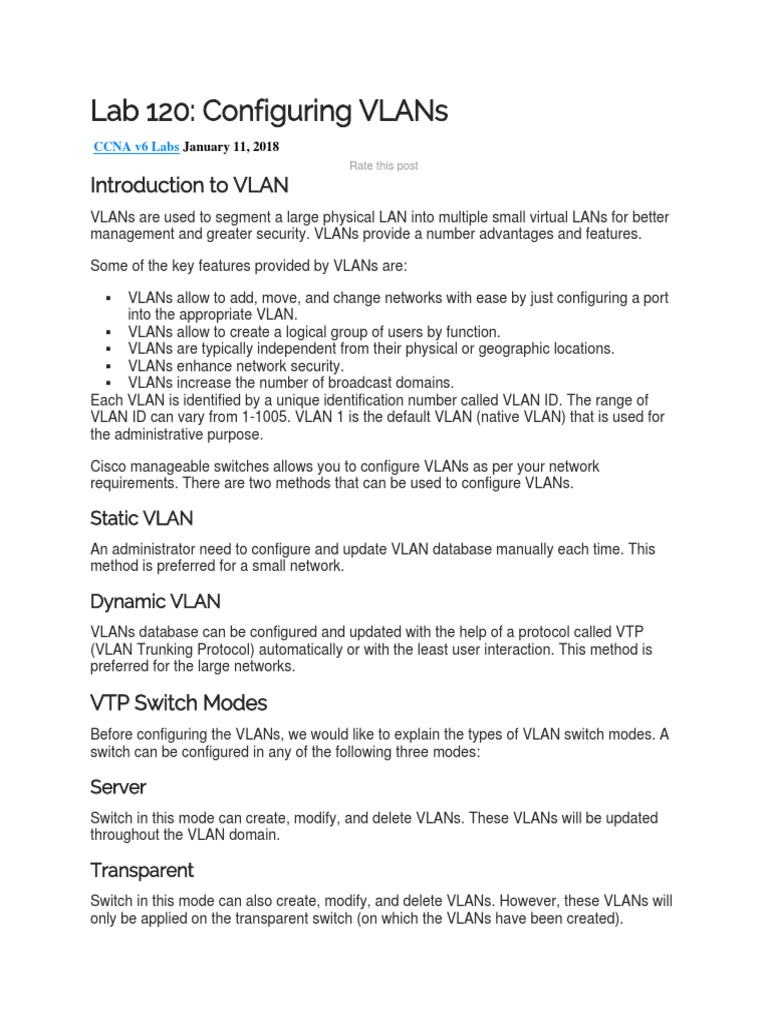 Lab 120: Configuring Vlans: Introduction To Vlan | PDF | Computer Network | Data Transmission